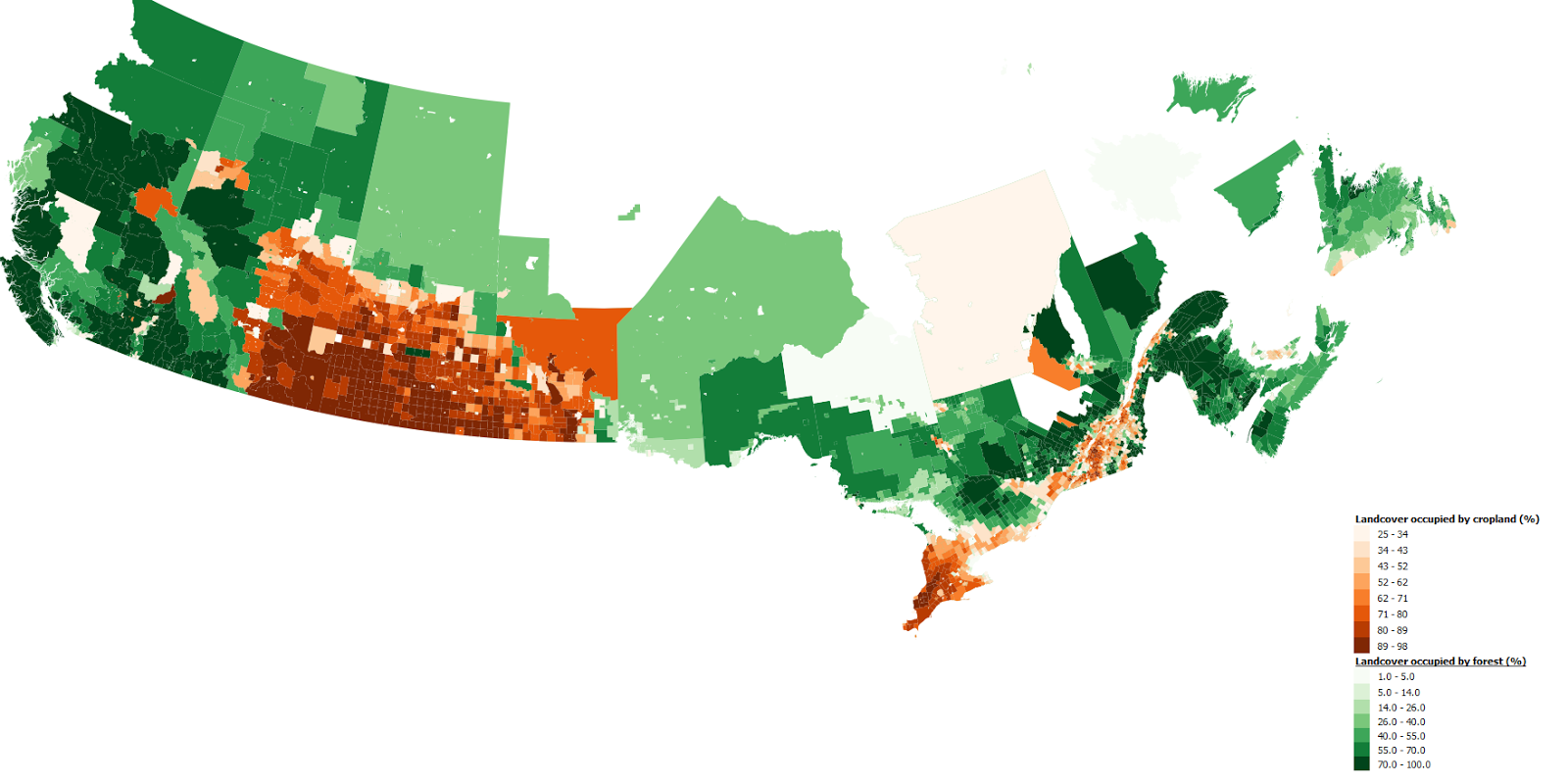 Cropland & forest landcover of Canadian census subdivisions (2016 ...