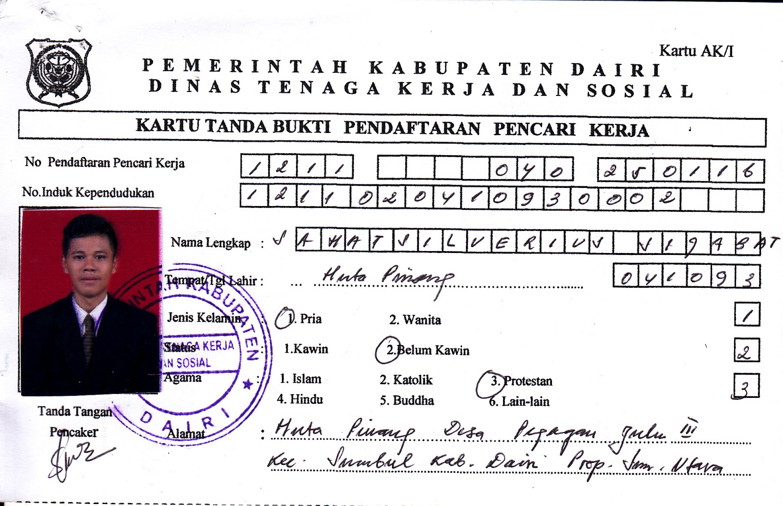 KARTU PENCARI KERJA (KARTU KUNING) DARI DISNAKERSOS KAB.DAIRI