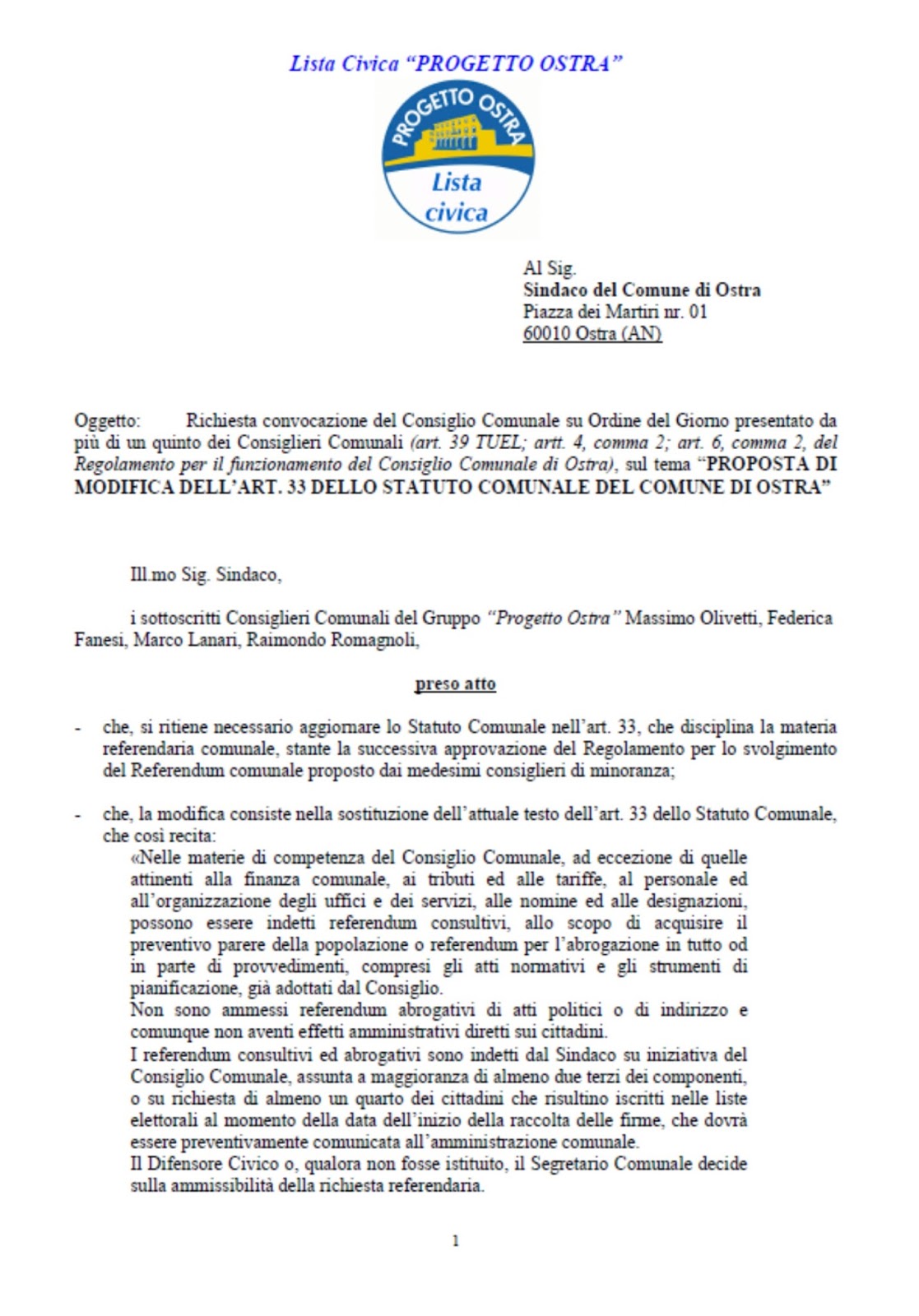 Associazione PROGETTO OSTRA: PROPOSTA DI MODIFICA ART.33 STATUTO ...