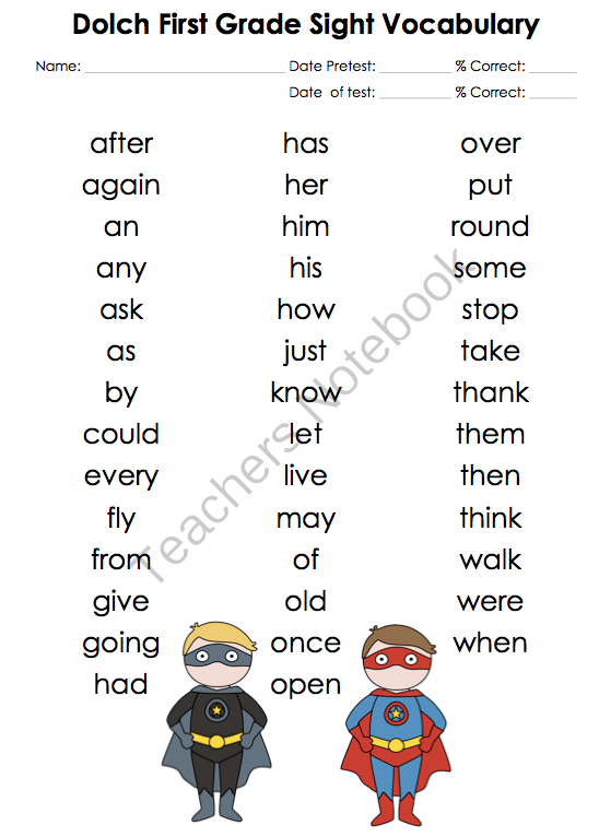 Superhero Dolch First Grade Sight Vocabulary Cards (41 cards ...