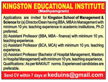 Kingston Educational Institute Madhyamgram Wanted Director/Dean/Assistant Professor - Faculty ...