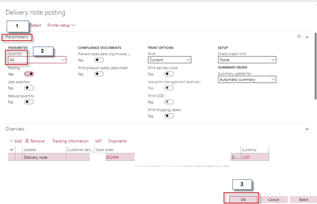Post Delivery note for Service Item in D365FO