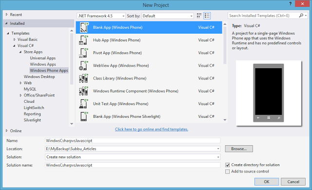 2. Create new windows phone WinRT project using the "Blank App ...