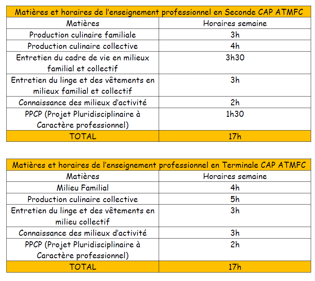 CAP ATMFC SEZANNE: MATIERES ET HORAIRES DE L'ENSEIGNEMENT PROFESSIONNEL ...