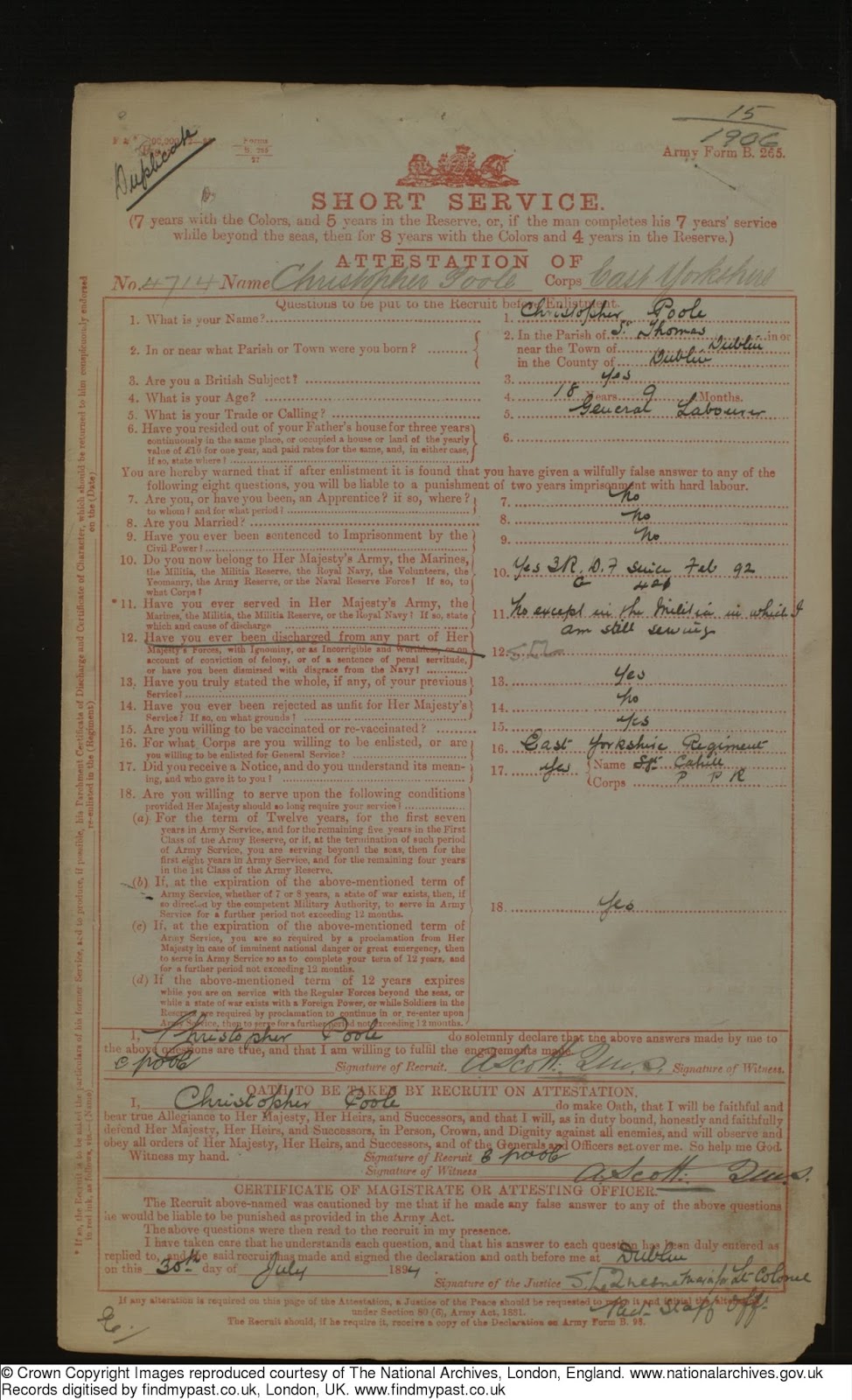 Military Documents: British Army Service Forms of Christopher Poole