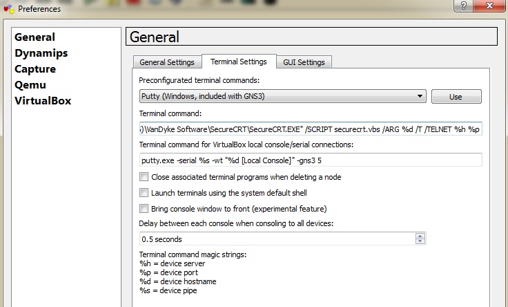 How to set Secure CRT as default terminal in GNS3