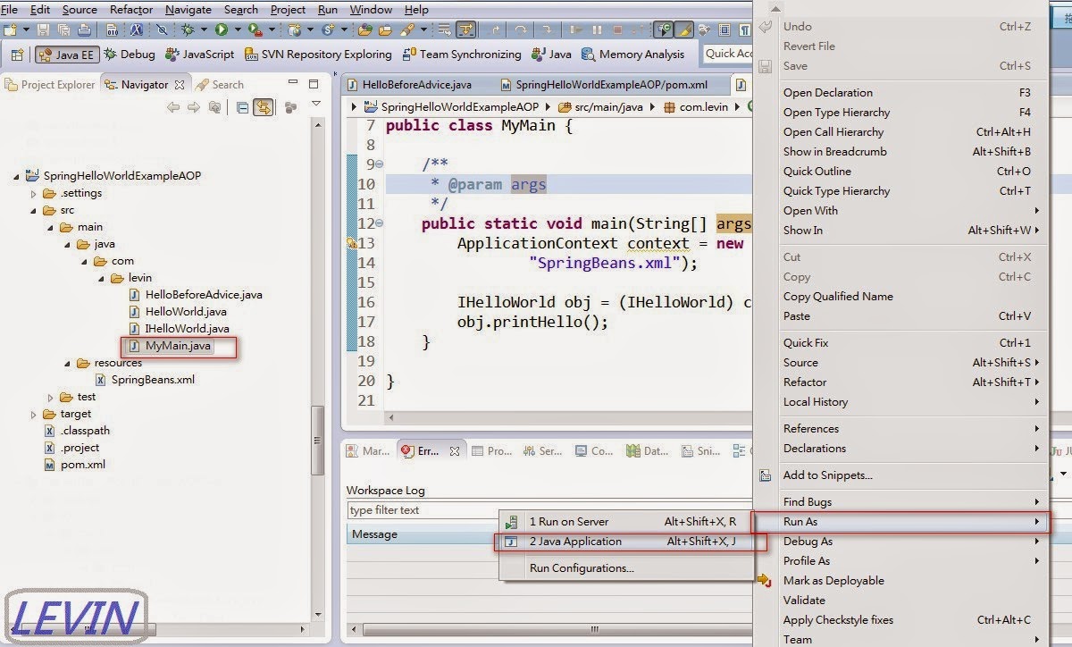 Java程式教學甘仔店: Spring Hello World Example 專案 之 AOP Before
