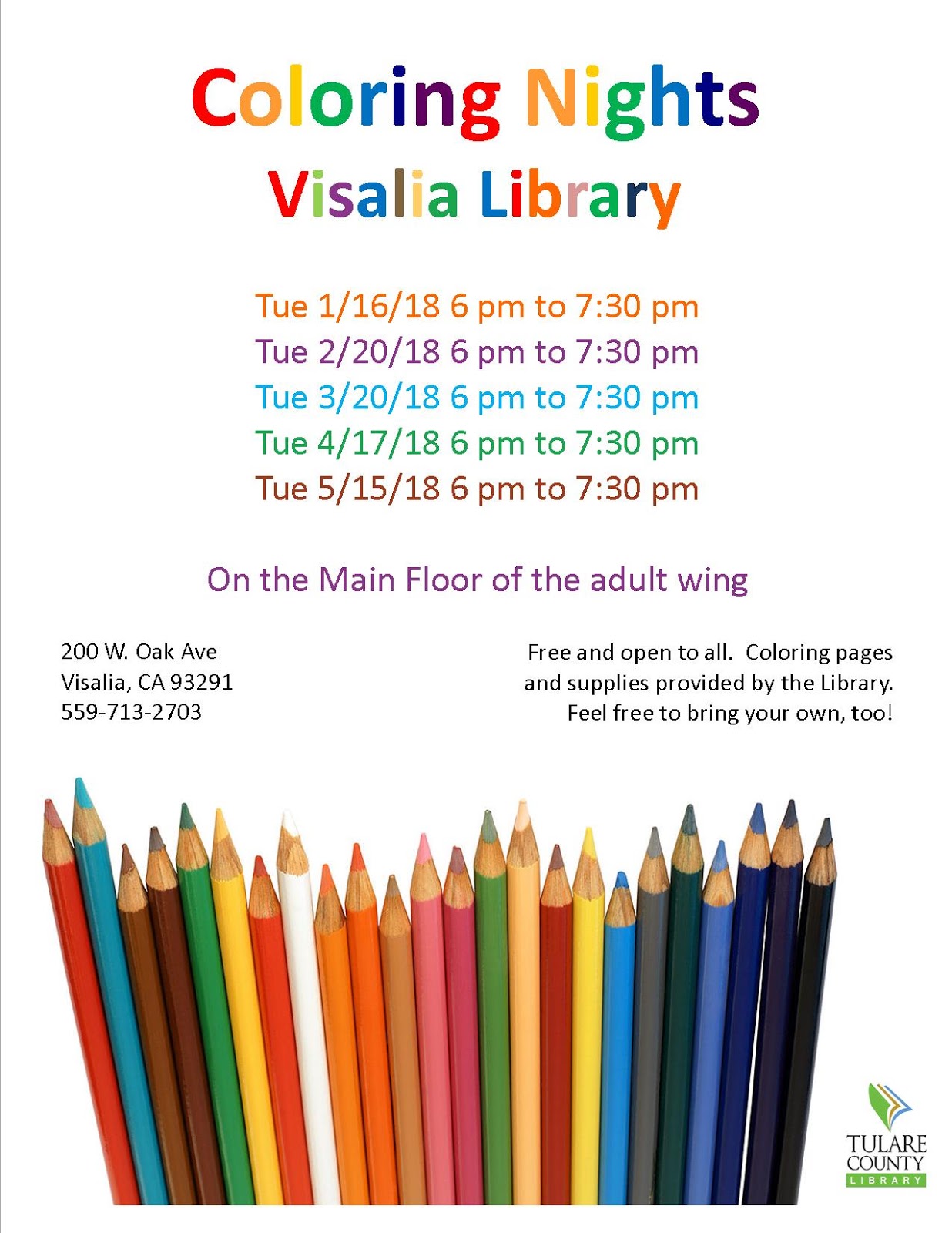 Tulare County Library News and Events: Coloring Nights, Tue 3/20 at 6 ...