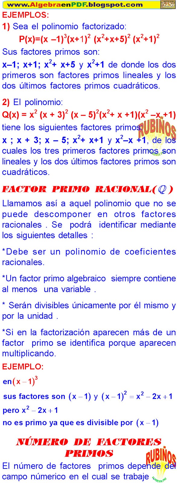 FACTOR PRIMO DE UN POLINOMIO EJEMPLOS DE FACTORIZACIÓN