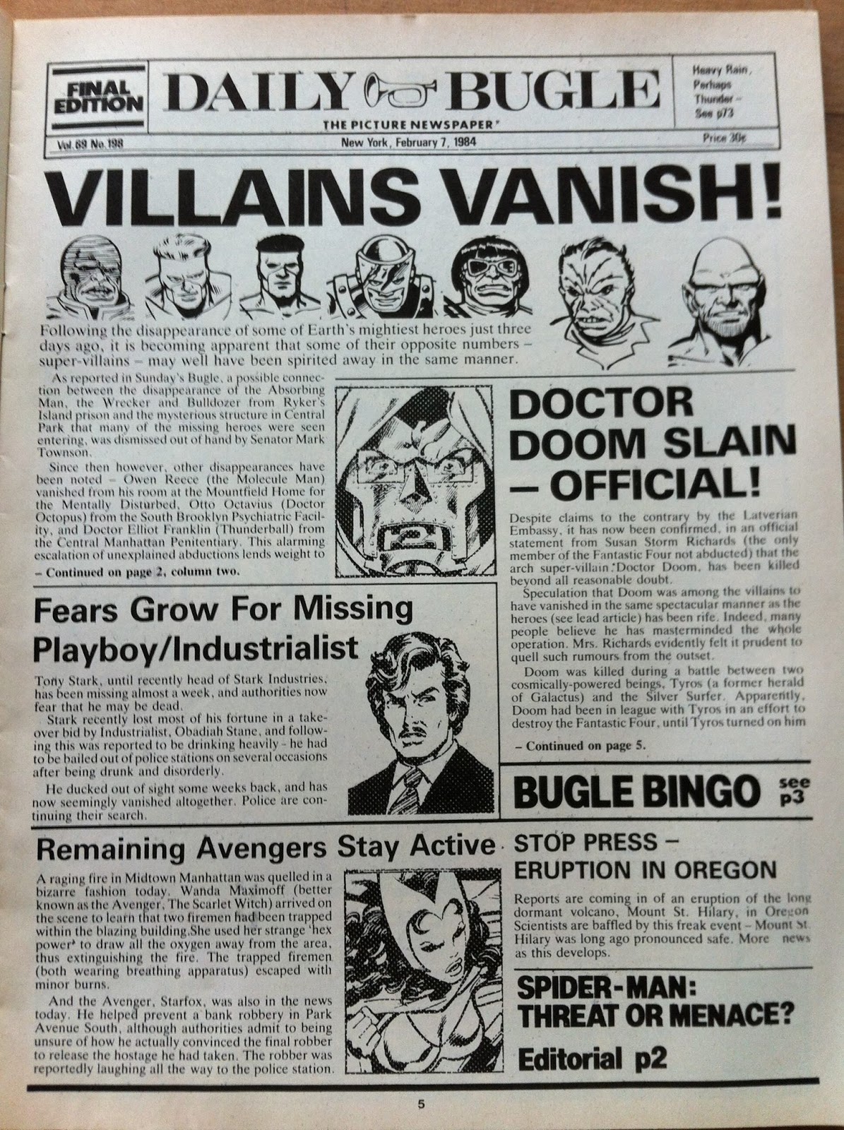 Marvel Comics of the 1980s: 1984 - Daily Bugle February 7th