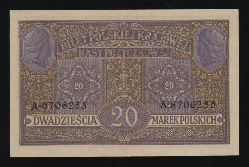 Polish banknotes 20 marka banknote of 1917, Crowned White Eagle of ...