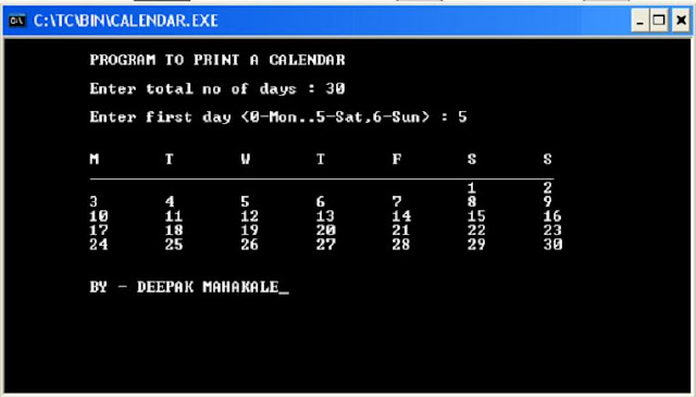 C PROGRAMMING: PROGRAM TO PRINT A CALENDAR