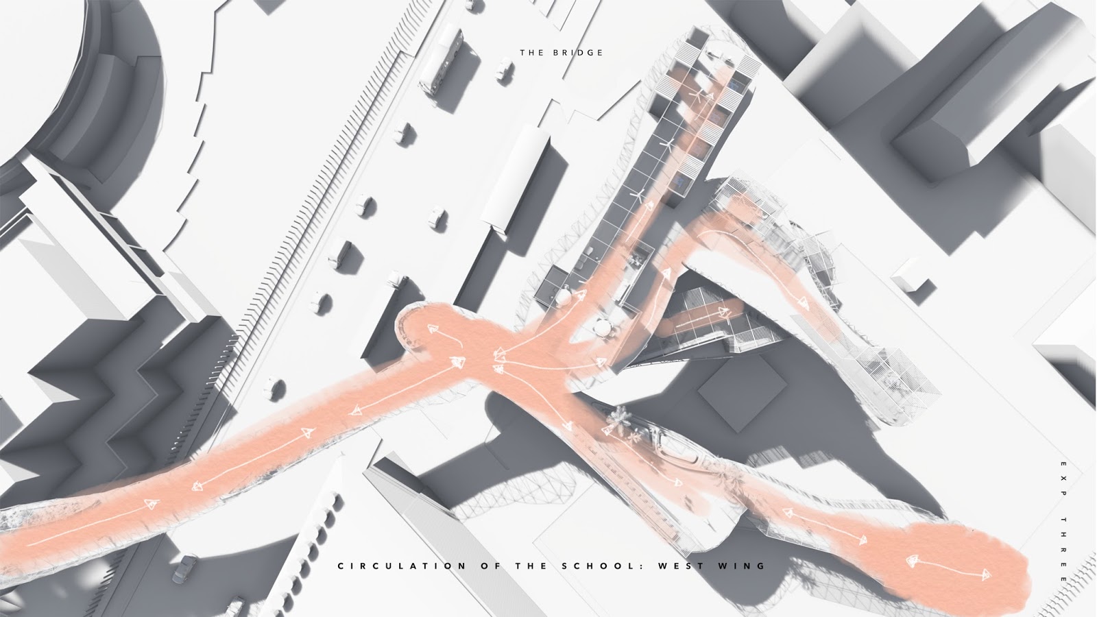 THE BRIDGE [DIAGRAMS: AREAS OF SPACE . CIRCULATION . MATERIALS]