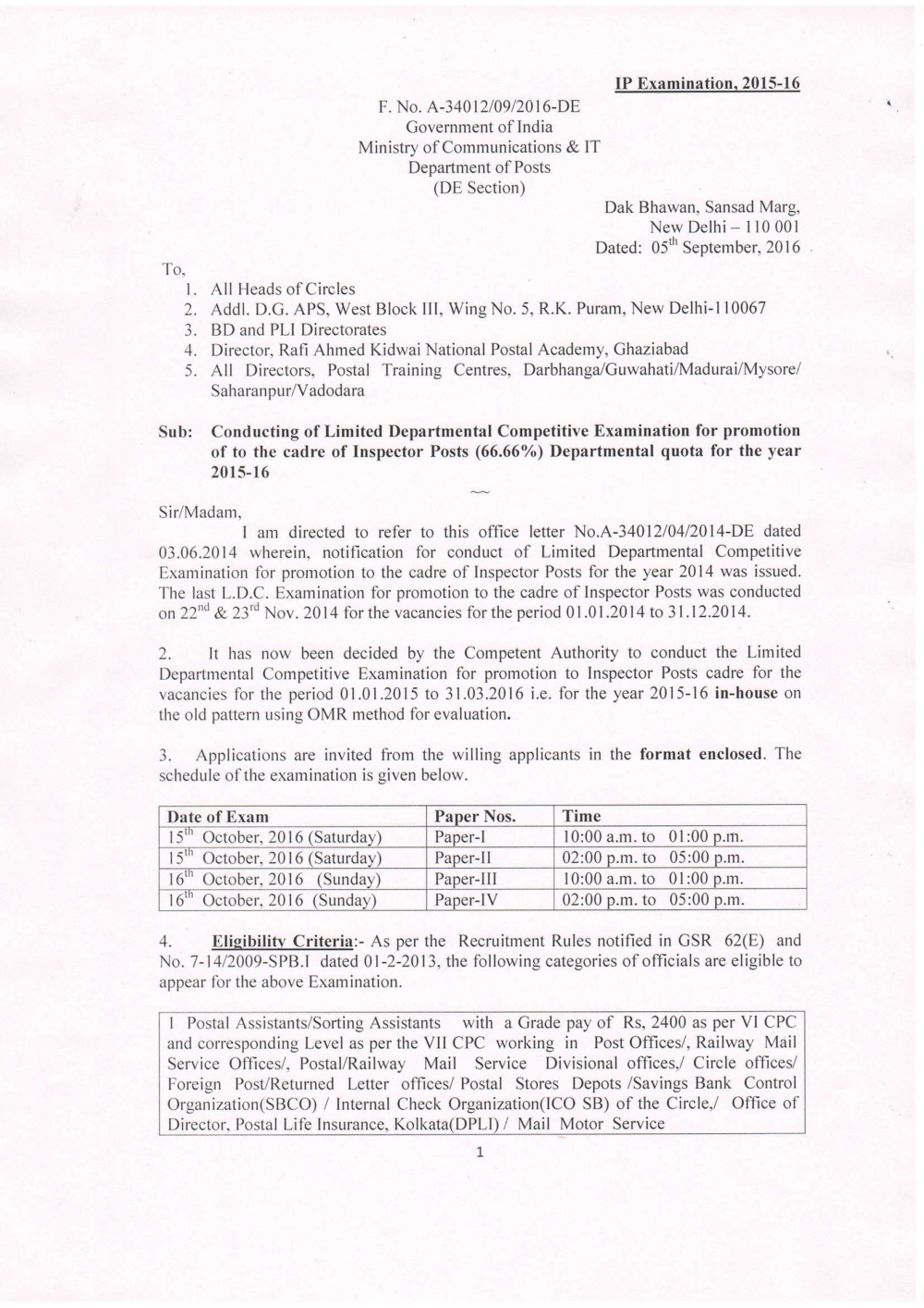 September 2016 | Inspector Posts Examination