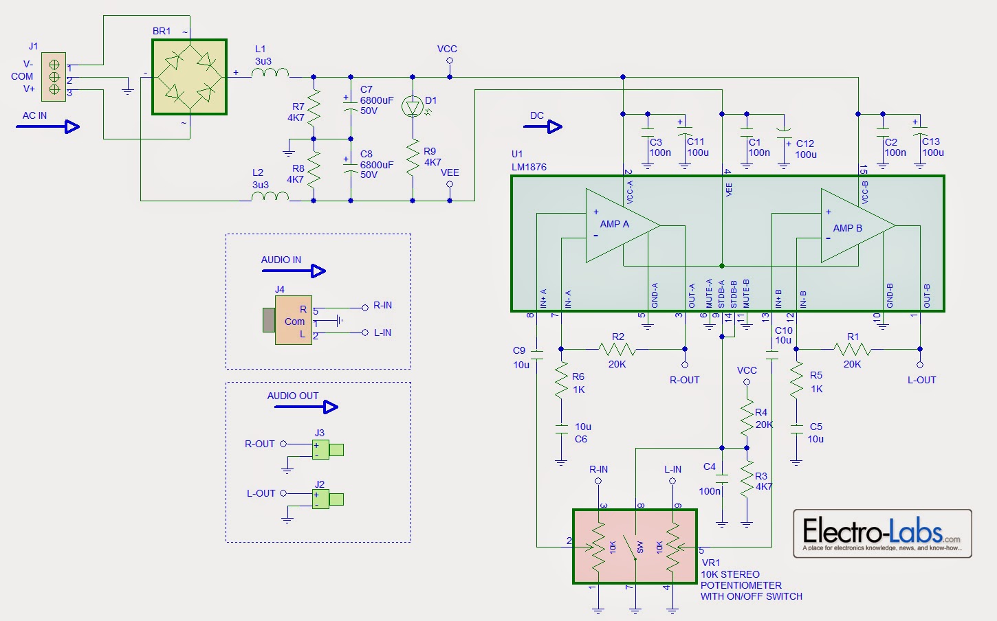 Amplificator stereo DiY 20W cu LM1876 | Schema Electrica