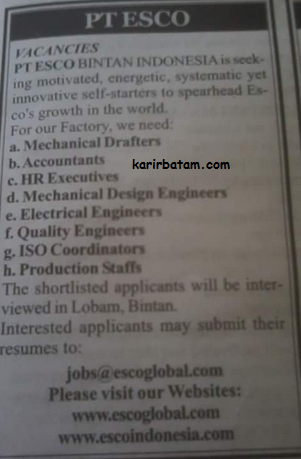 Lowongan Kerja PT. Esco Bintan Indonesia - Lowongan Kerja Batam 2022