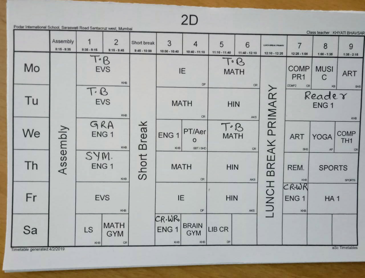 STARS OF PIS AHMEDABAD STD II: TIMETABLE OF CLASS 2 - ALL SECTIONS