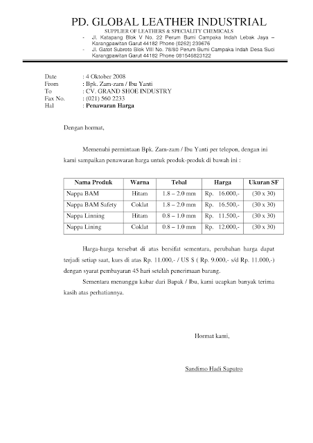 Contoh Surat quotation harga 2019 | Kumpulan Contoh Surat Lengkap