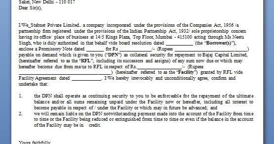 Letter of Continuity Format in Loan and Banking with Stamp Duty