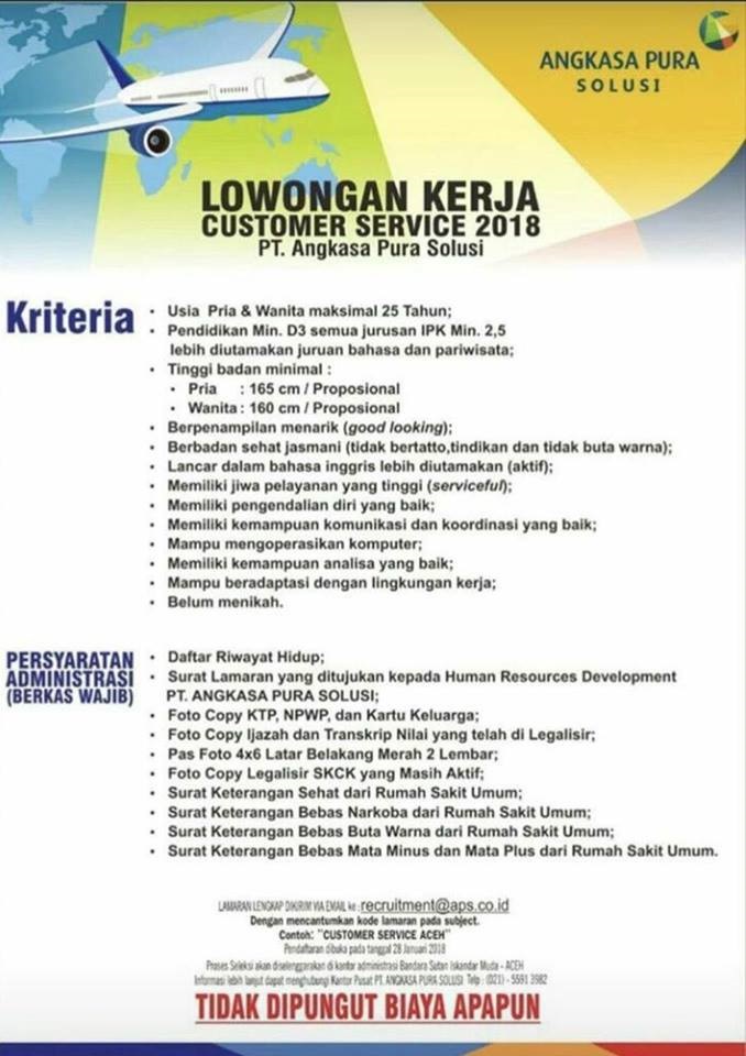 Lowongan Kerja Customer Service PT Angkasa Pura Solusi 2018 - Rekrutmen ...