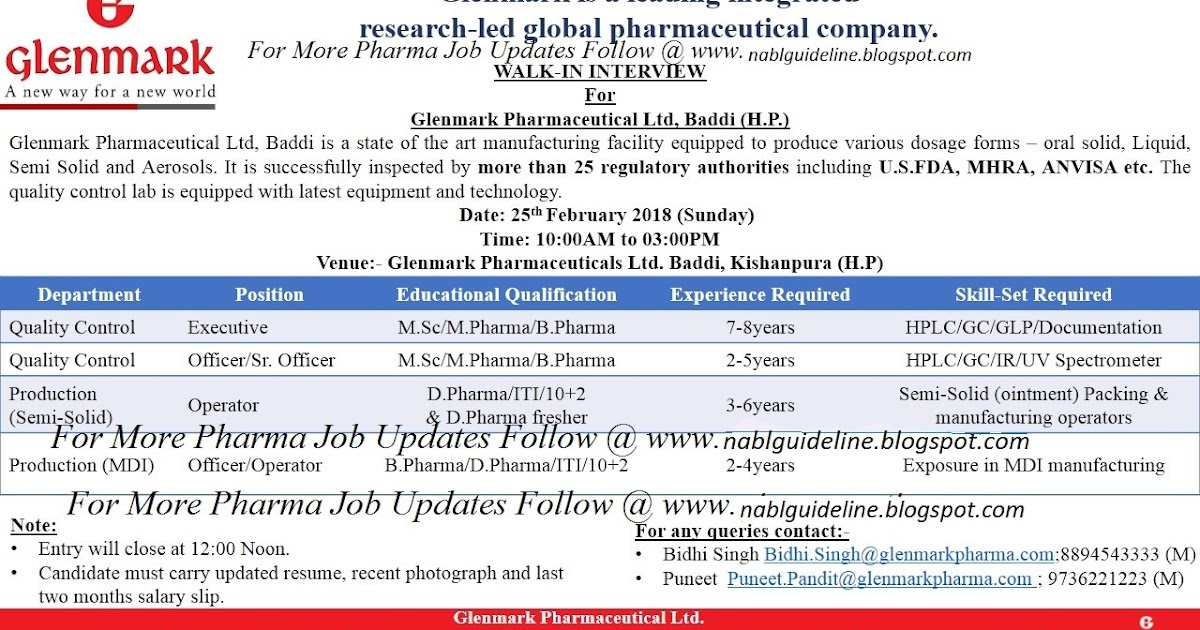 NABL GUIDELINES: Glenmark Pharmaceuticals Ltd – Walk-In Interviews For Production/ Quality ...