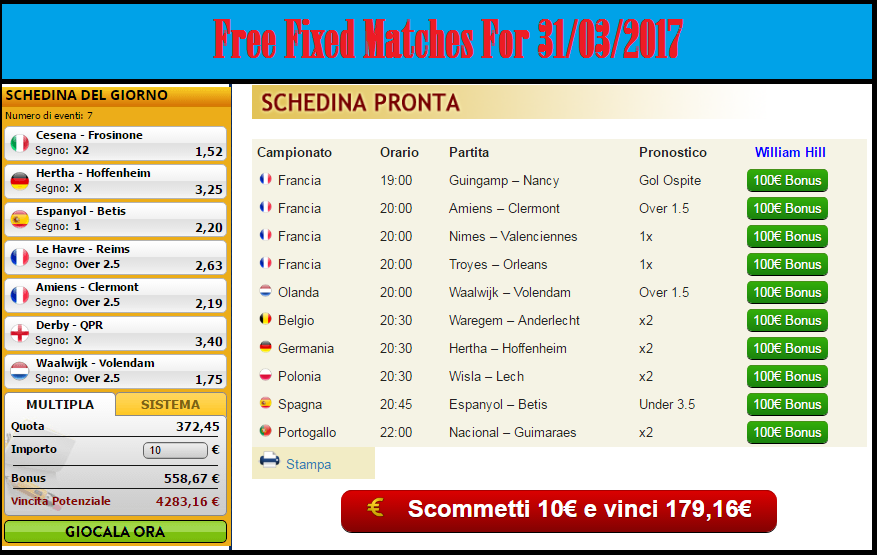 Fixed Matches For Today : 31/03/2017