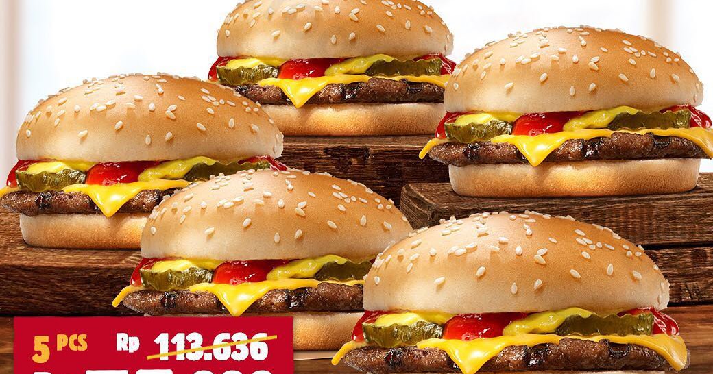 Promo BURGER KING Cheeseburger Party! 5 Pcs Cheeseburger Hanya Rp 75. ...