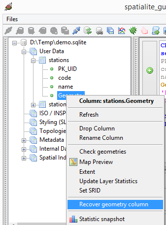 dominoc925: Using SpatiaLite GUI to create a point geometry table from an ordinary table