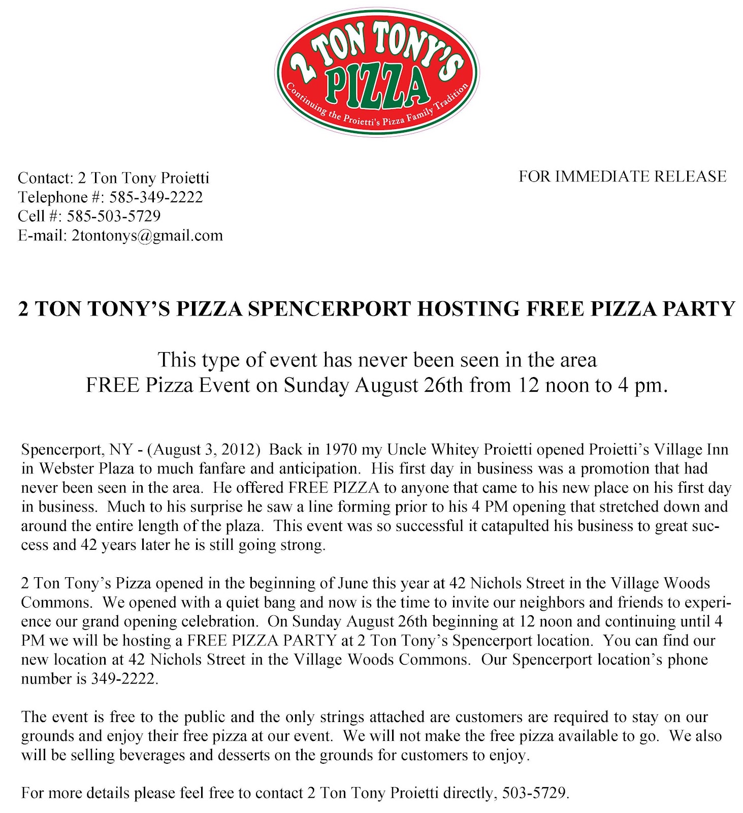 The Rochester NY Pizza Blog: Save the Date: FREE Pizza from 2 Ton Tony ...