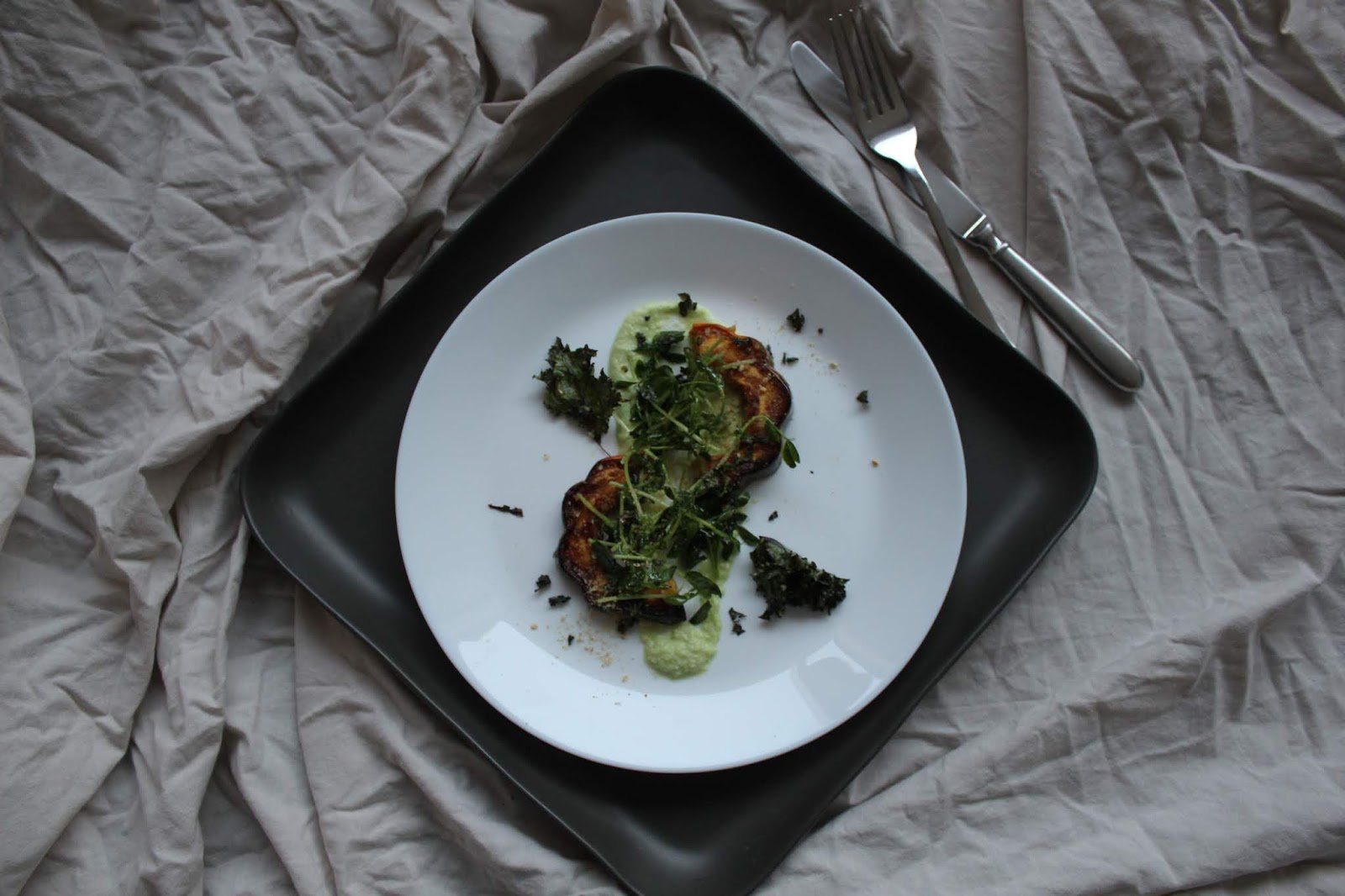 Miso butter roasted squash, edamame puree, gomasio kale chips // Courge ...