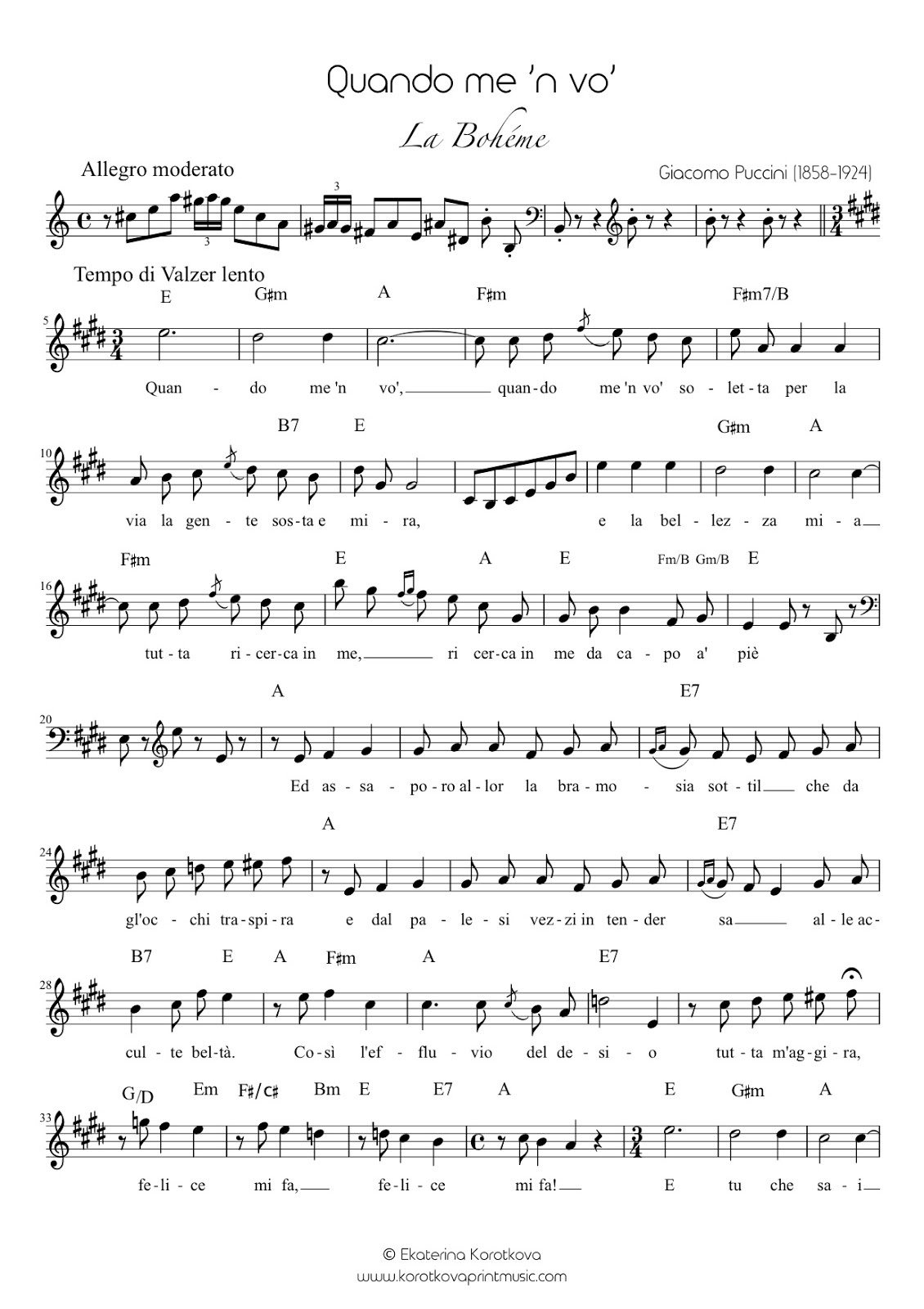 Lead sheet Giacomo Puccini "Quando m'en vo" / Musetta's Waltz ...