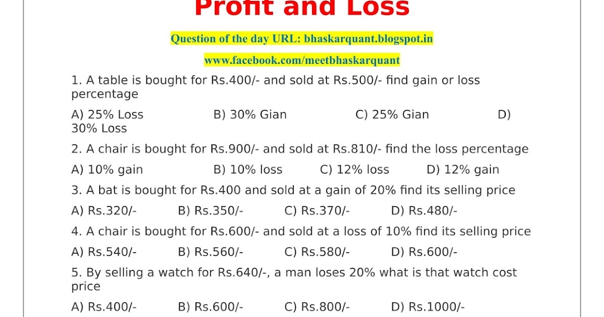 Bhaskar Reddy Ankireddypalli Aptitude Classes: Profit and Loss Sample ...