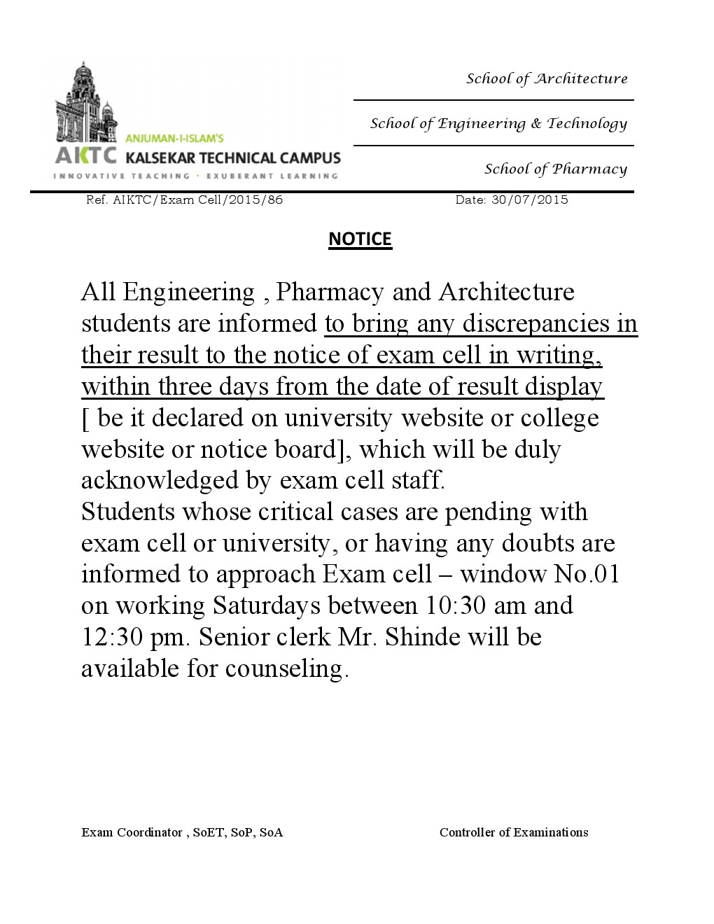 EXAM-CELL NOTICE BOARD: NOTICE FOR AIKTC Students (SoET, SoP, SoA)