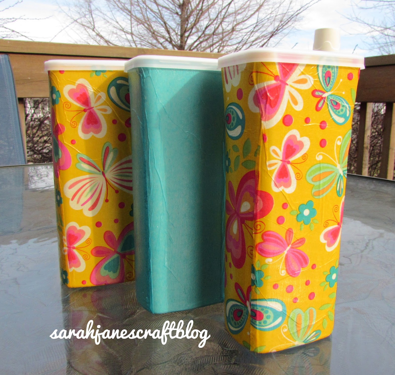 Tissue Paper and Mod Podge on Drink Mix Containers