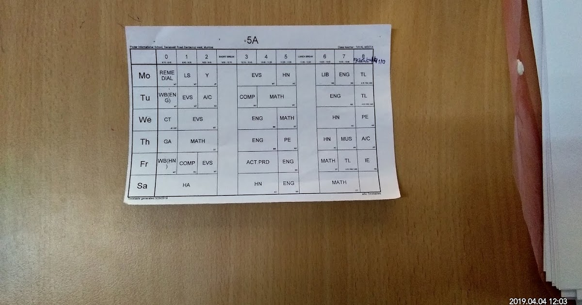 CLASS 5-A TIME TABLE