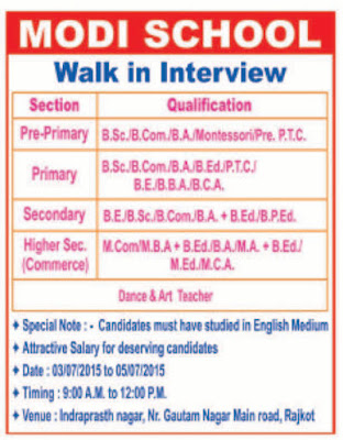 Modi School Rajkot Walk in Interview for Teachers | Career Gujarat ...