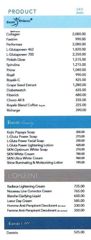 Royale Products New Pricelist SRP Price Effective On May 1, 2017