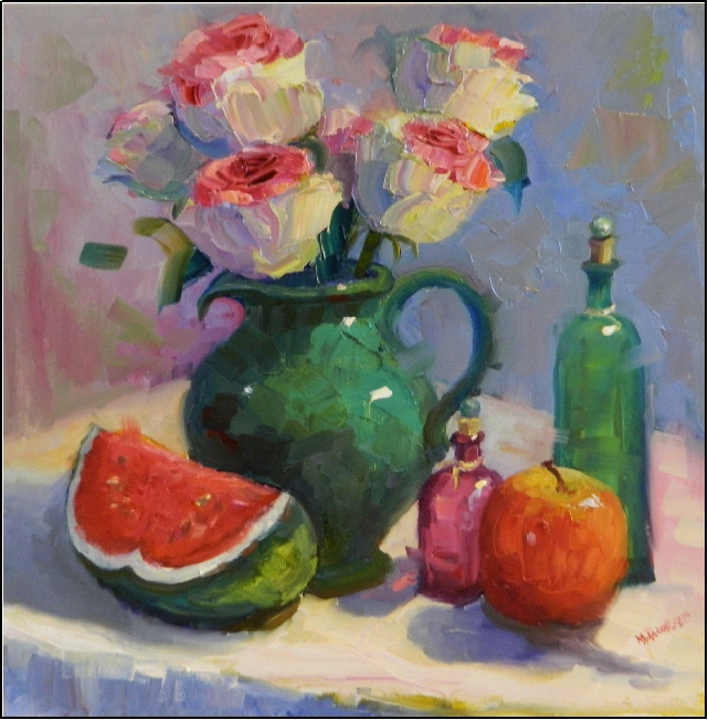 Paint Dance: "Esperanza Roses and Watermelon", 16x16, oil on wrapped ...