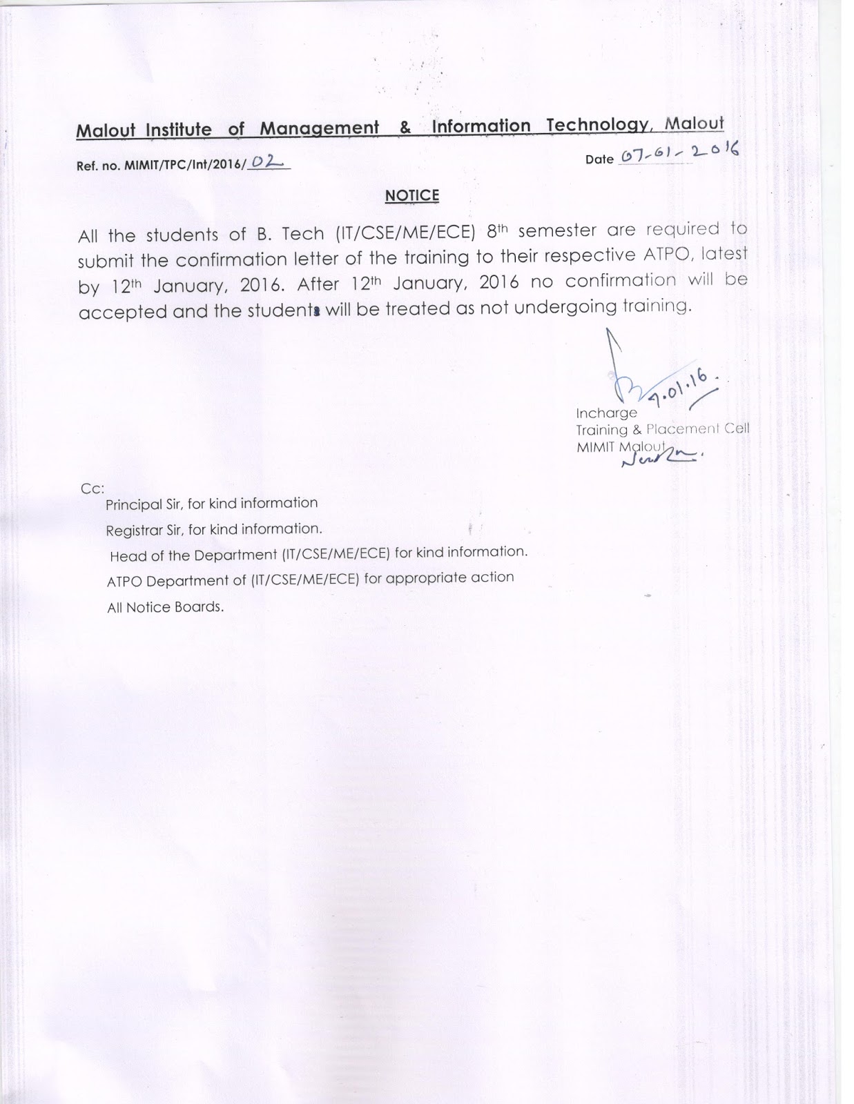 Regarding Notice (Six Month Industrial Training Letter)