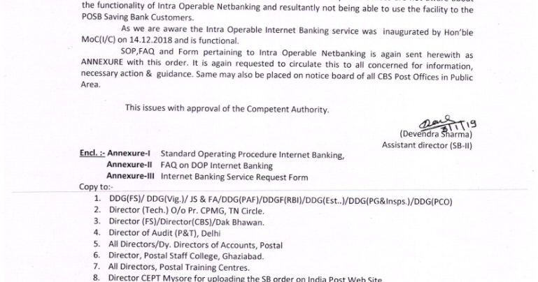 DOP ORDERS: SB order 01/2019 : Intra Operable NetBanking for POSB ...