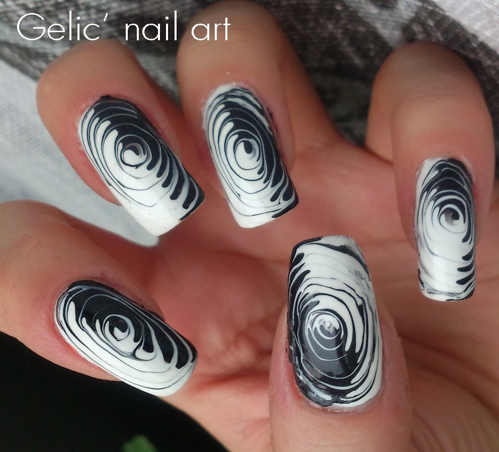 Gelic' nail art: Black and white needle dragging, swirl/fingerprint ...
