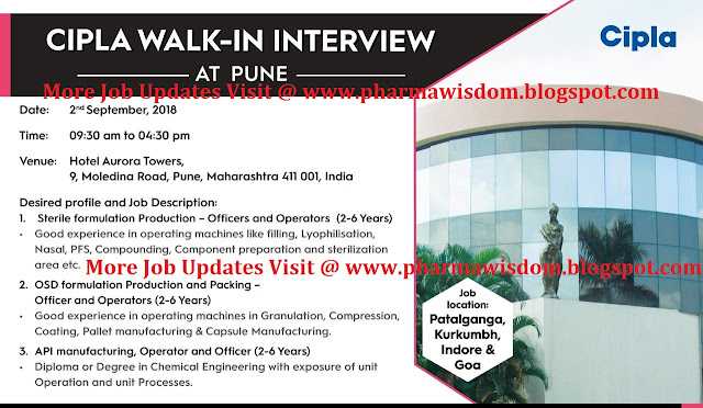 Cipla Limited - Walk-In Interview for Multiple Positions on 2nd September, 2018 @ Pune ...