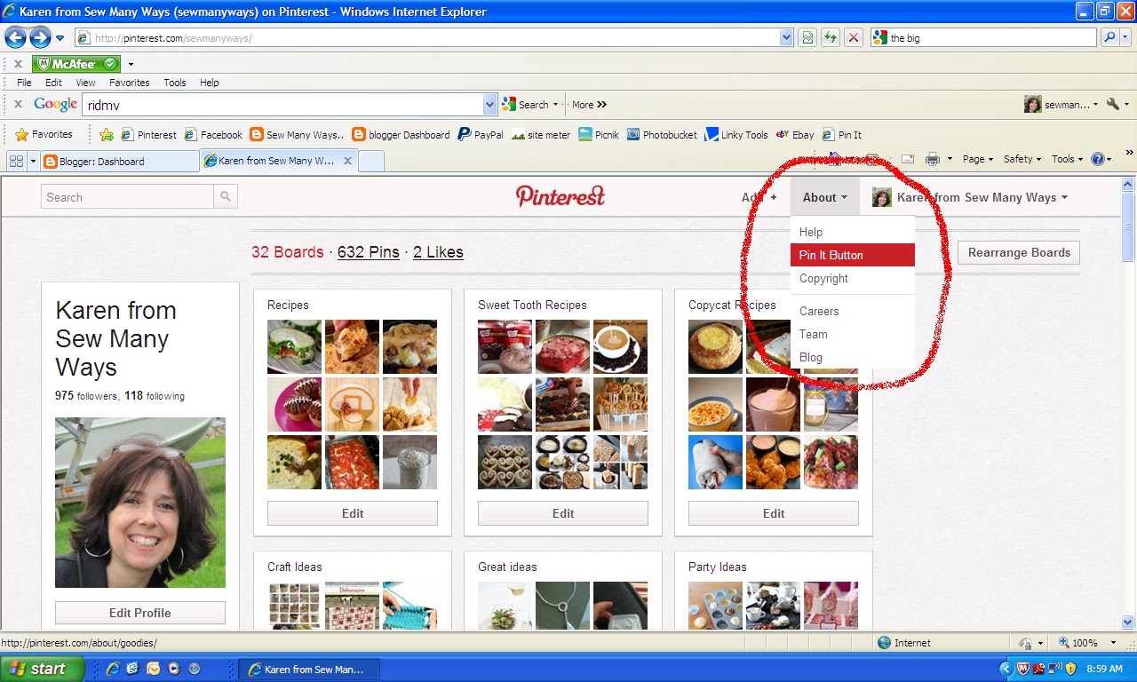 Sew Many Ways...: Blog Buddy...How To Add Your Follow Me Pinterest Button