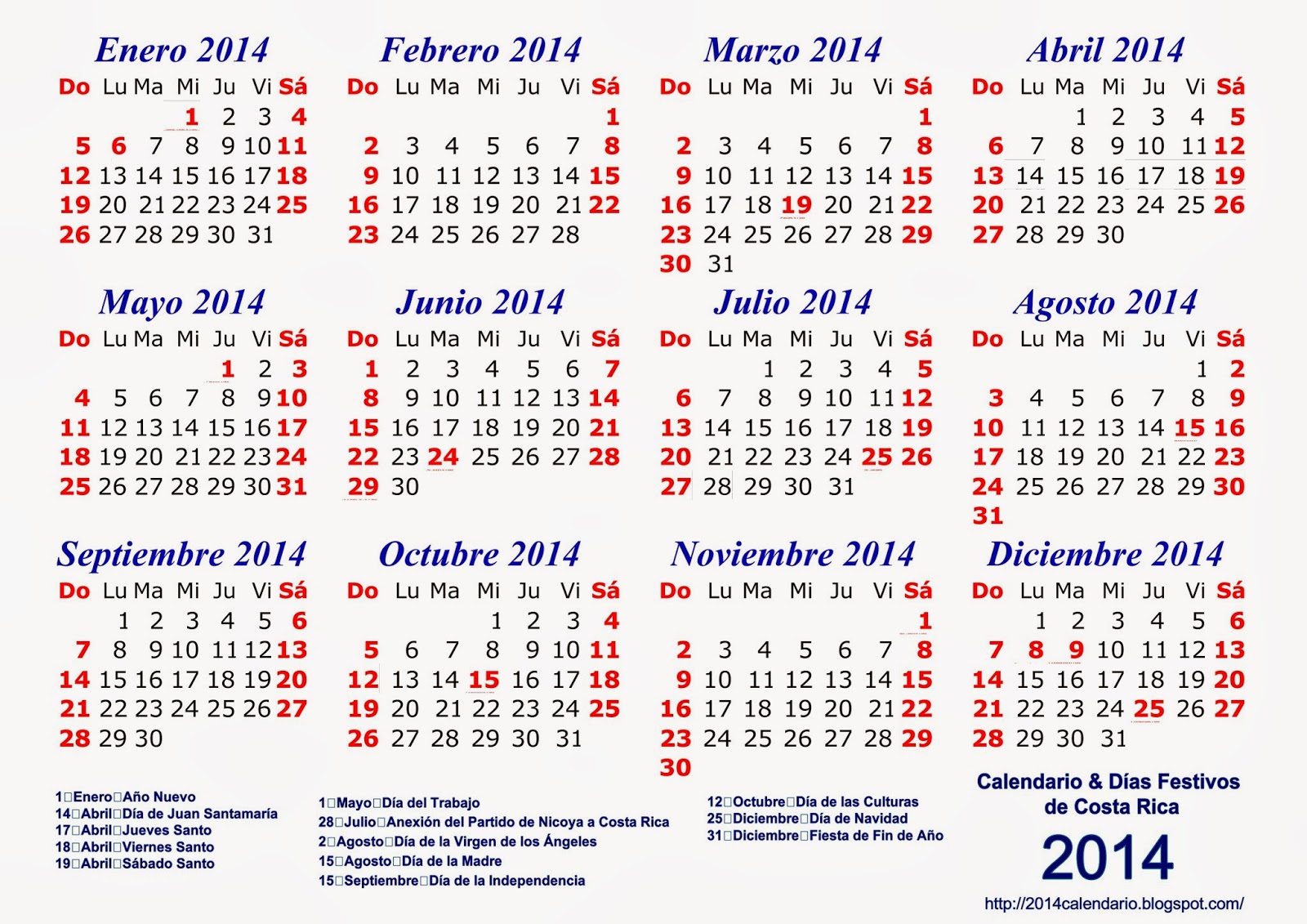 Calendario anual 2014 con feriados, Calendario 2014 para imprimir ...