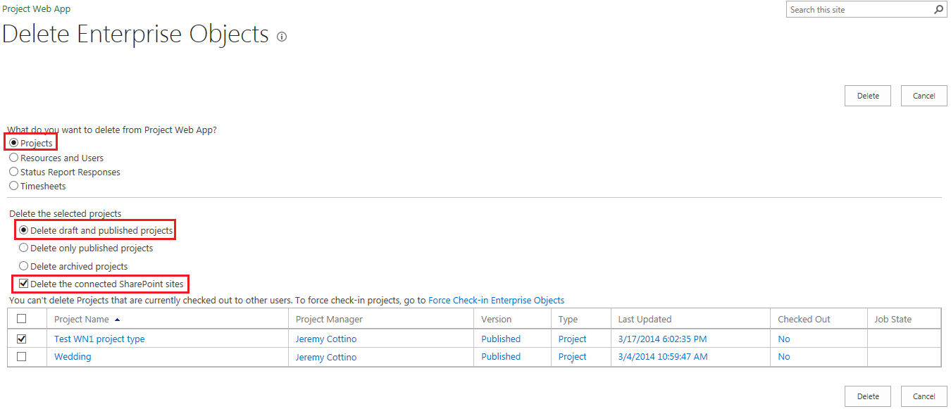 Delete a project on Project Server (PWA) 2013