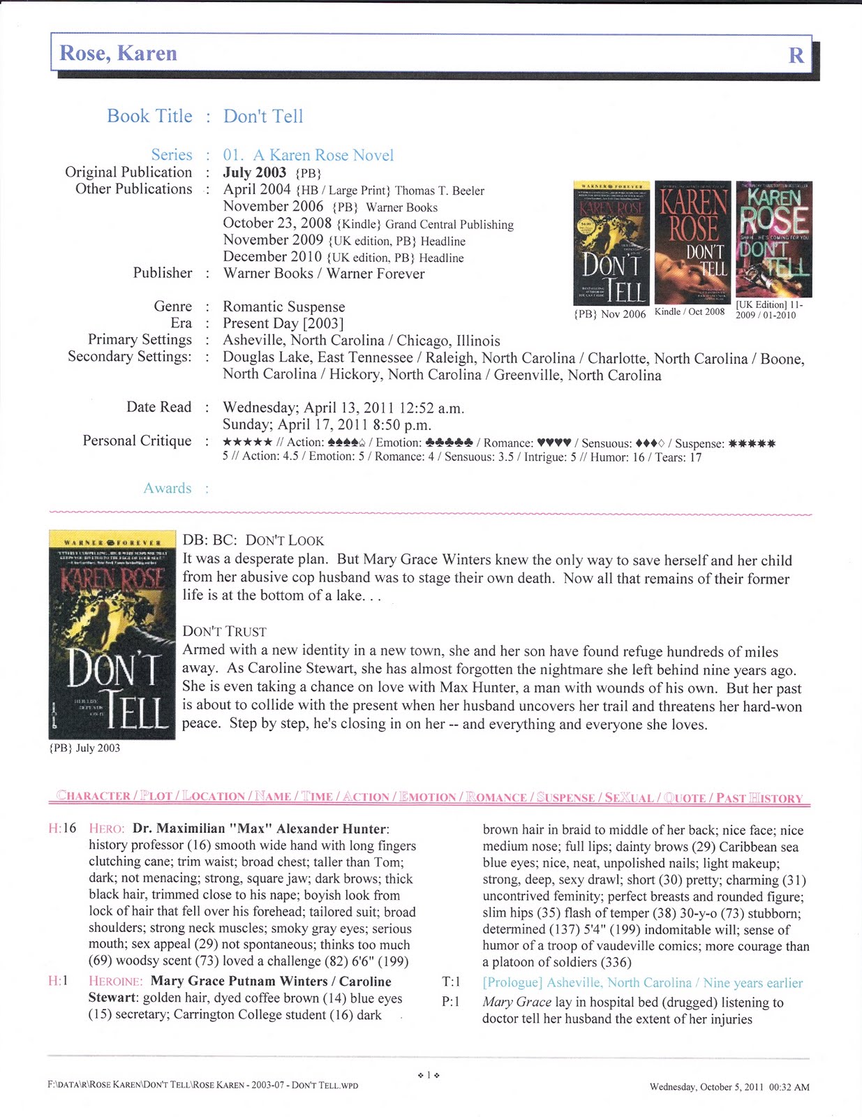 Wolf Bear Does Books: Karen Rose -- Don't Tell