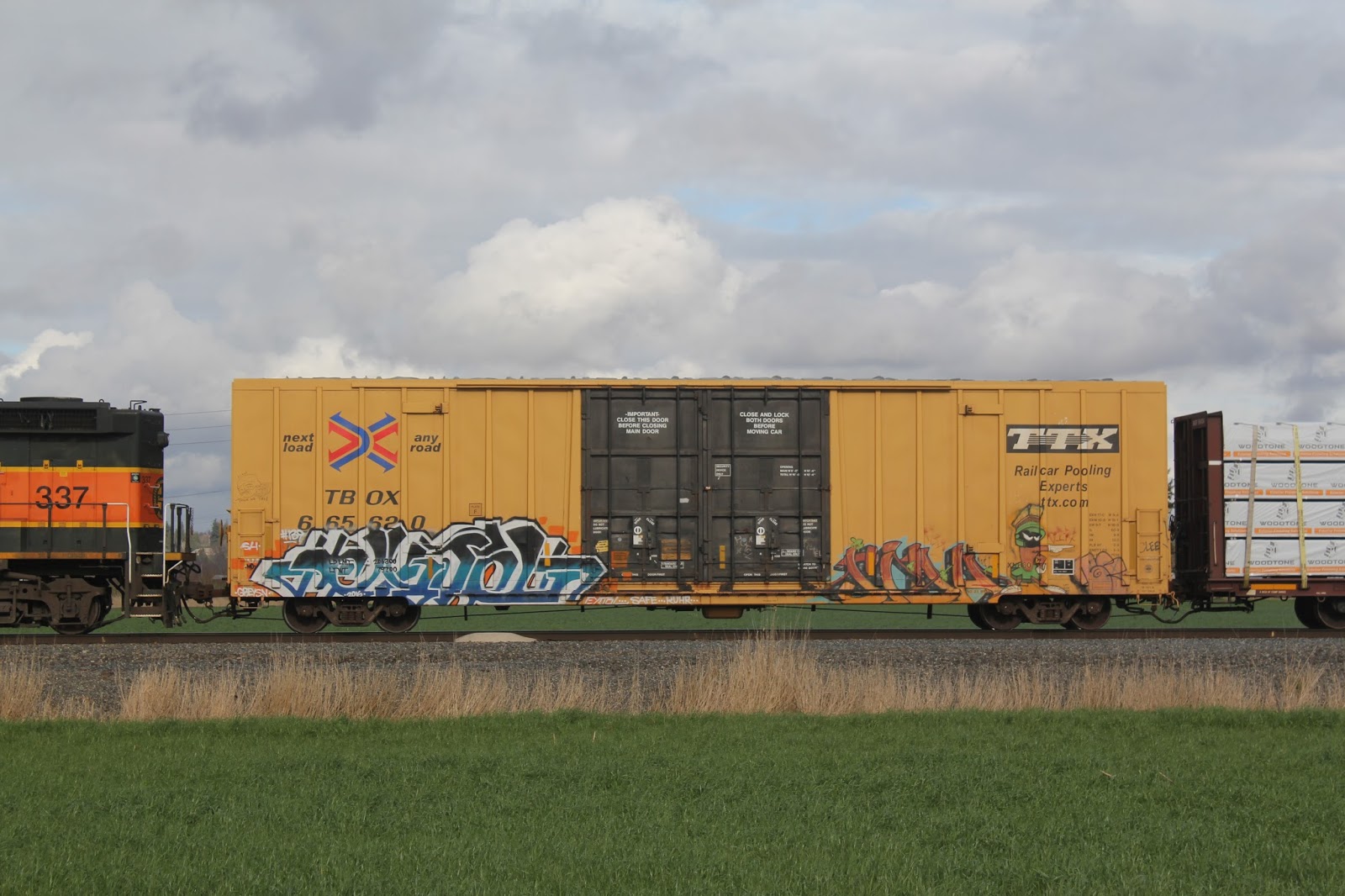 Railfan in Sumas, WA: sunny, BNSF engines 2293/GP38-2, slug 337/GP60B and 3924/GP39-2, 11:45am ...
