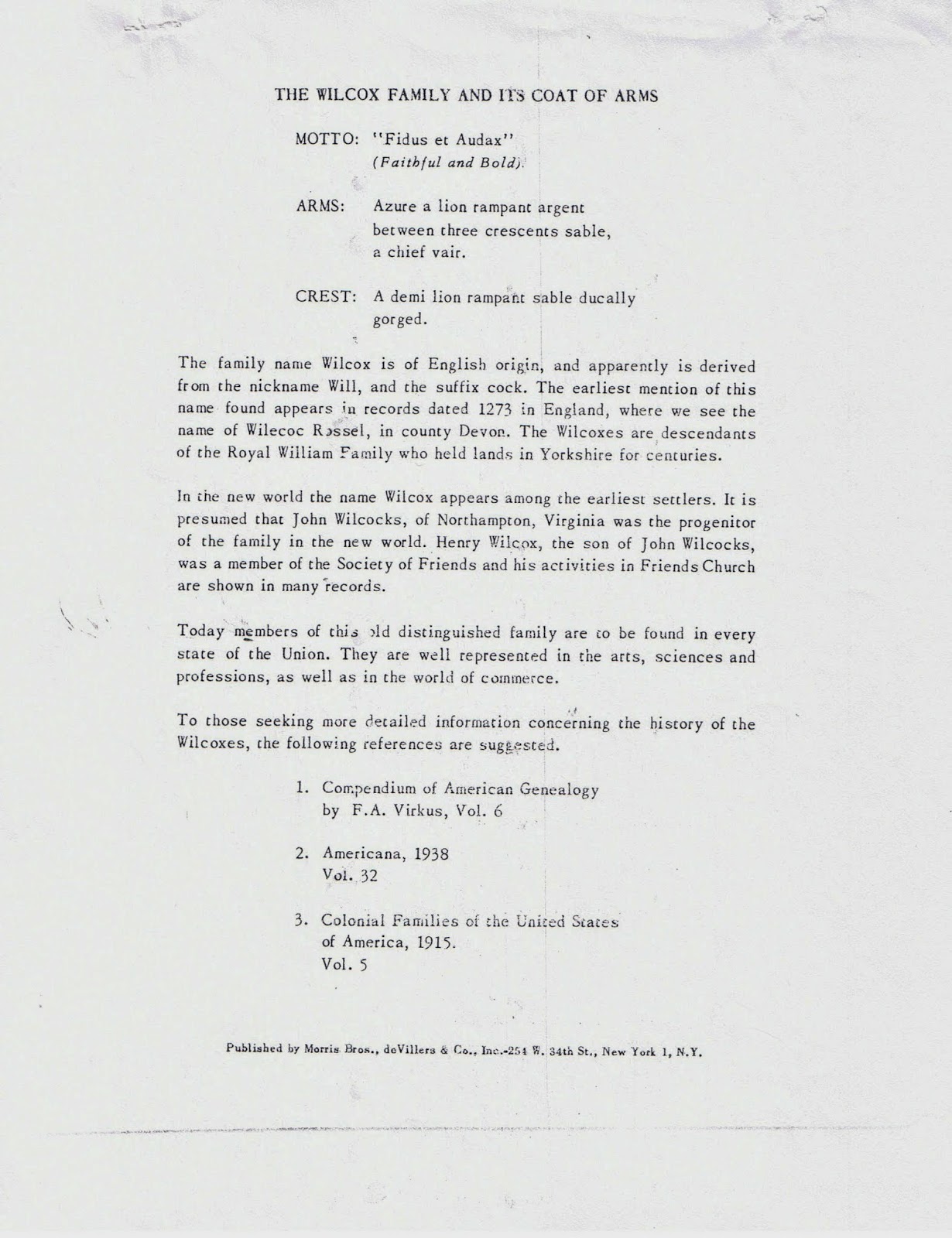 Thomas Willcox Family: Wilcox Coat of Arms