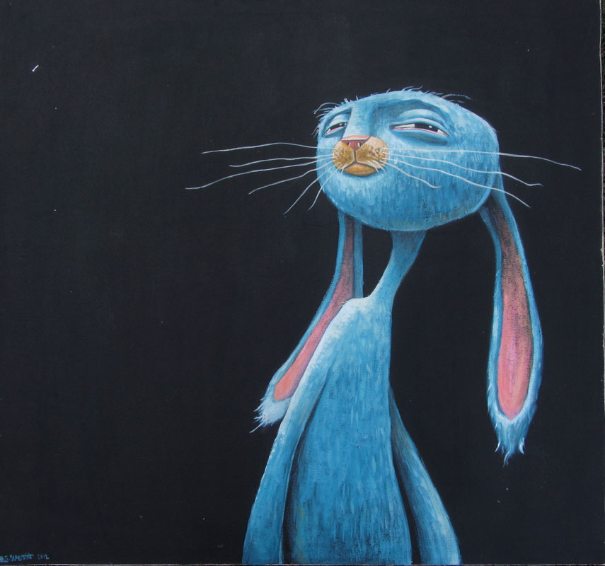 brett superstar art: Blue rabbit on black