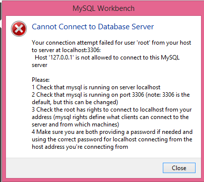 MySQL Host '::1' or '127.0.0.1' is not allowed to connect to this MySQL server 8